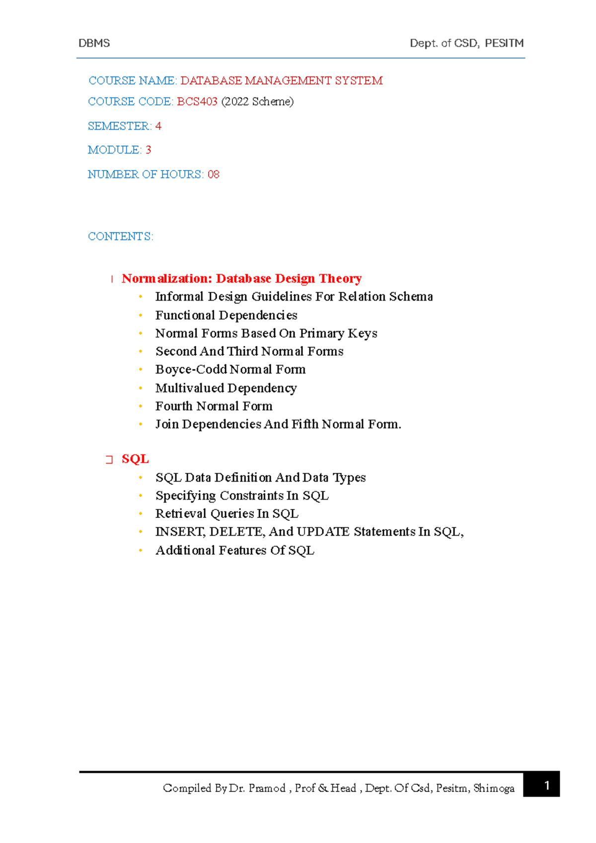**BCS403 Final Exam Notes: Normalization & SQL in DBMS Module 3** - Studocu