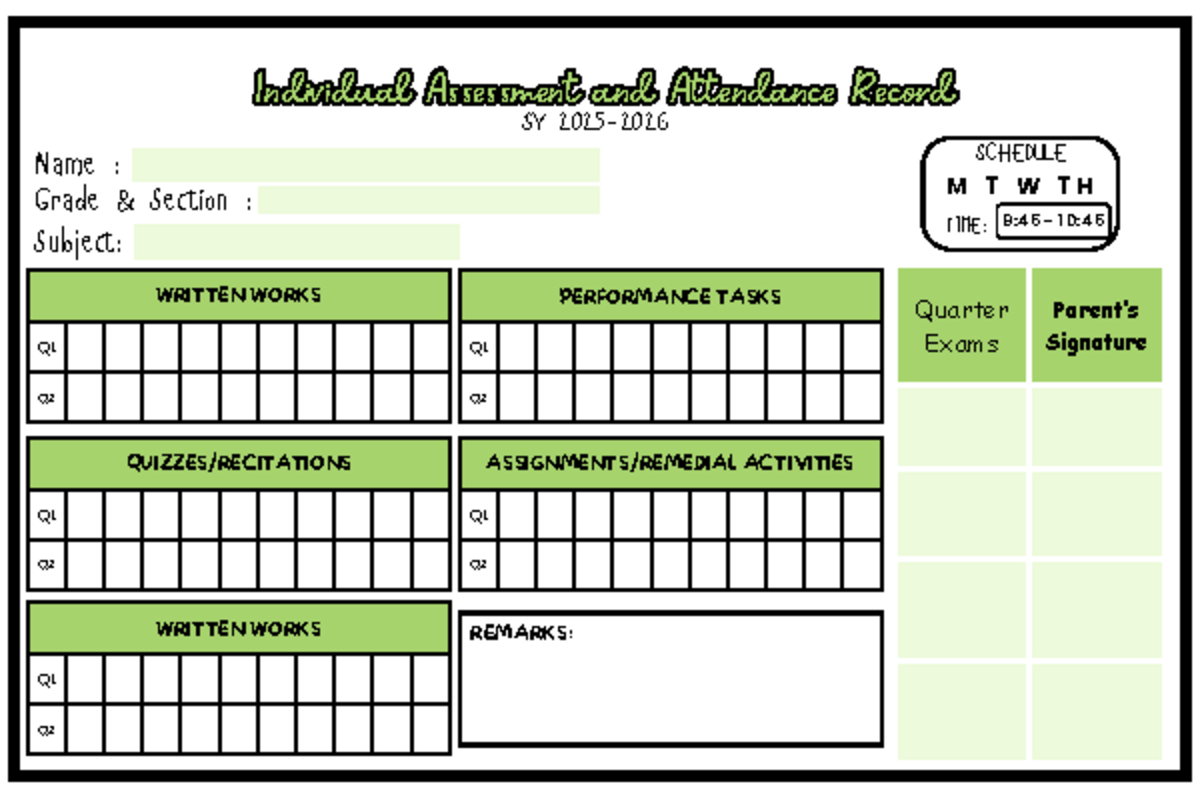 Individual Assessment & Attendance Record SY: Quarter Exams - Studocu