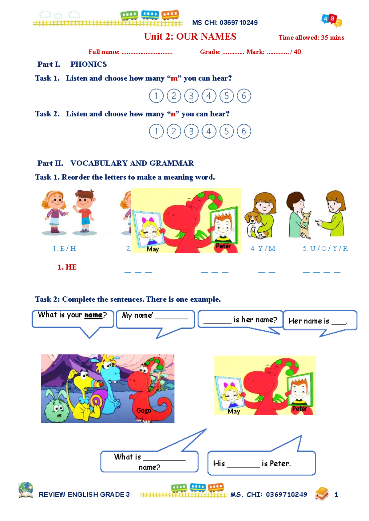 MS CHI: 0369710249 Unit 2 - English Review for Grade 3 - Studocu