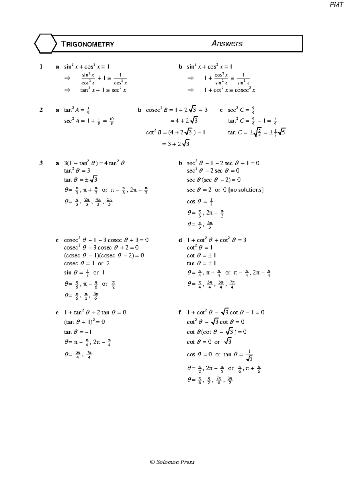 PMT Answers: Pythagorean Identities in Trigonometry - Studocu