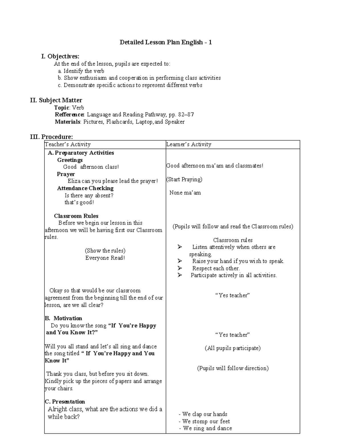 Detailed Lesson Plan on Verbs for English Class - Studocu