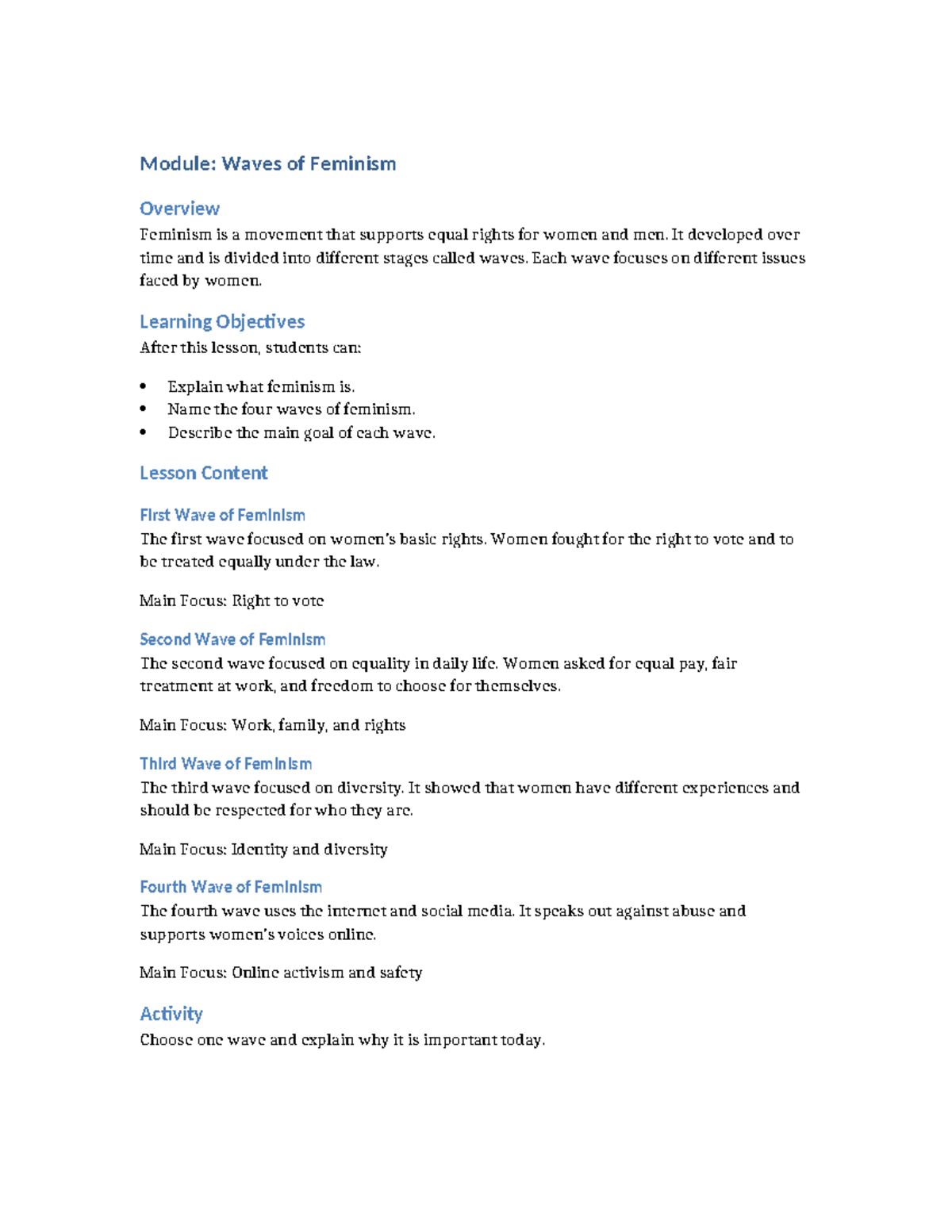 Module: Simplified Overview of Waves of Feminism - Studocu