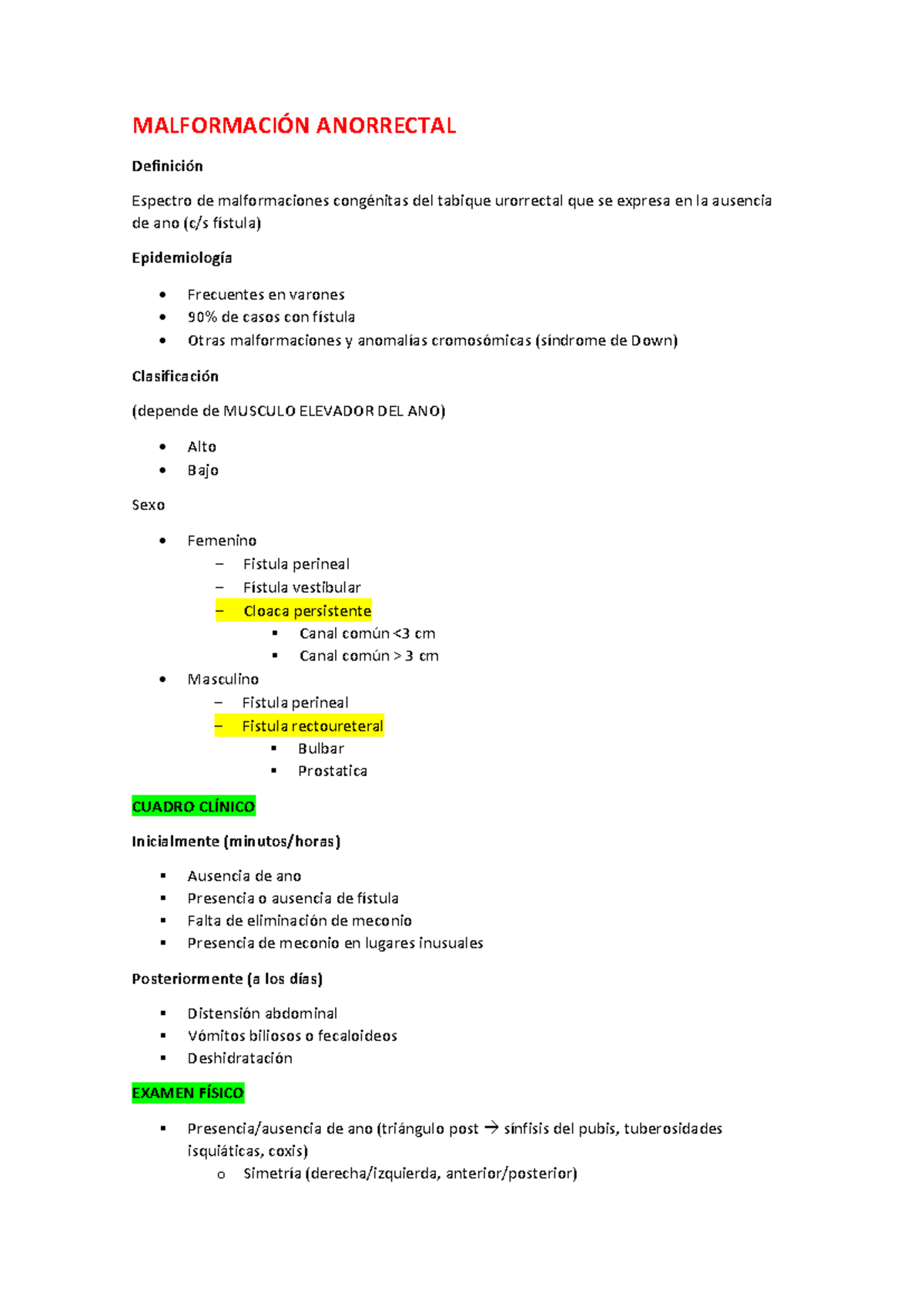 Resumen Ciru Pediátrica - MALFORMACIÓN ANORRECTAL Definición Espectro ...