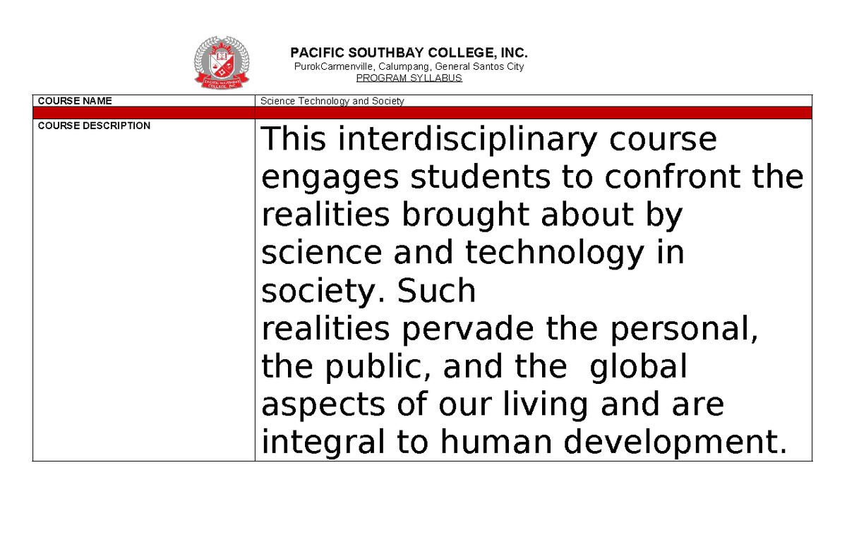 STS 101: Science, Technology, and Society Course Syllabus and Overview ...