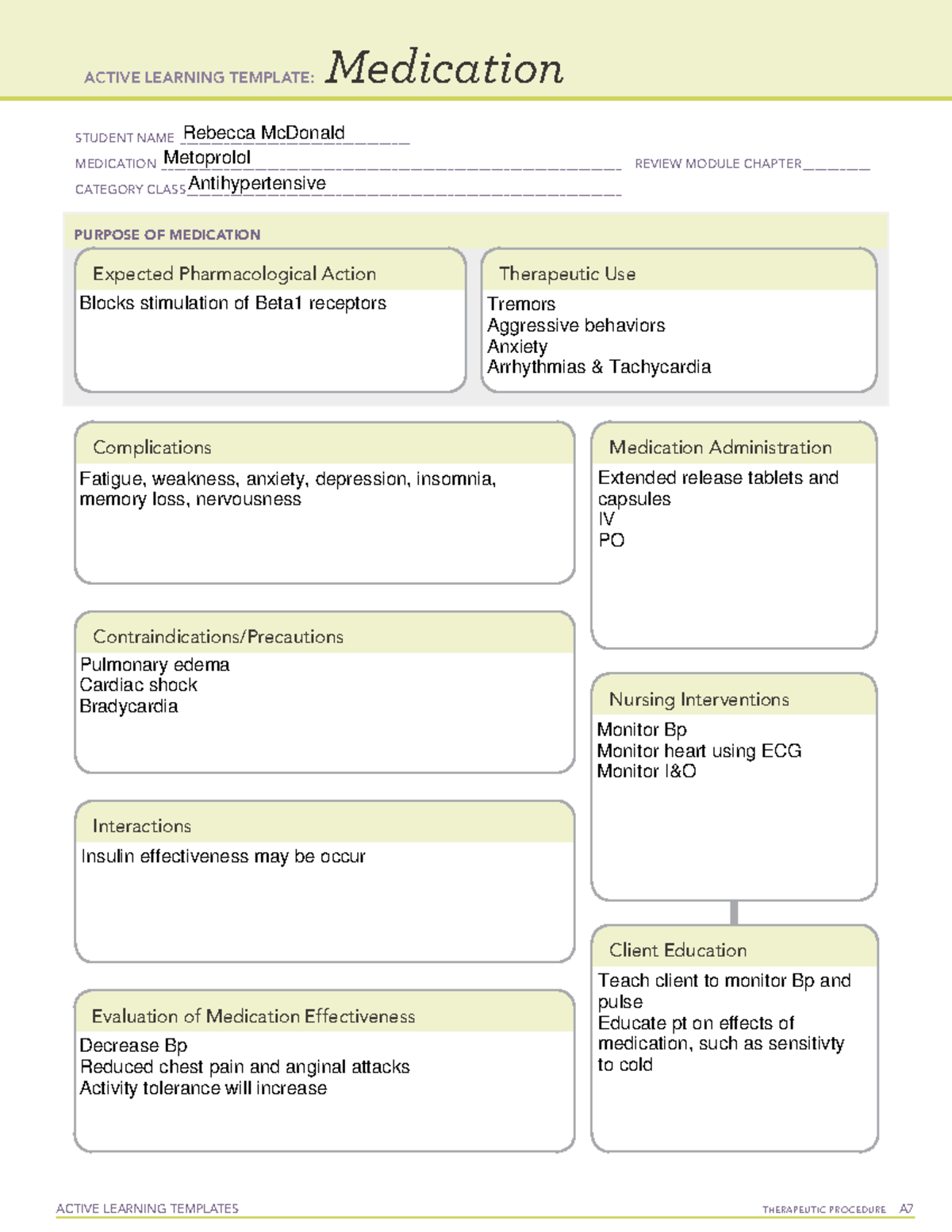 Metoprolol Med Card: Active Learning Template Overview - Studocu