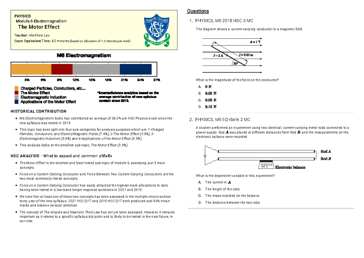 PHYSICS M6 Electromagnetism: Motor Effect Questions & Analysis - Studocu
