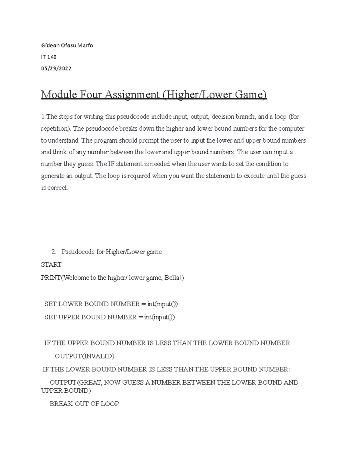 IT 140 Module 4 Assignment: Pseudocode for Higher/Lower Game - Studocu