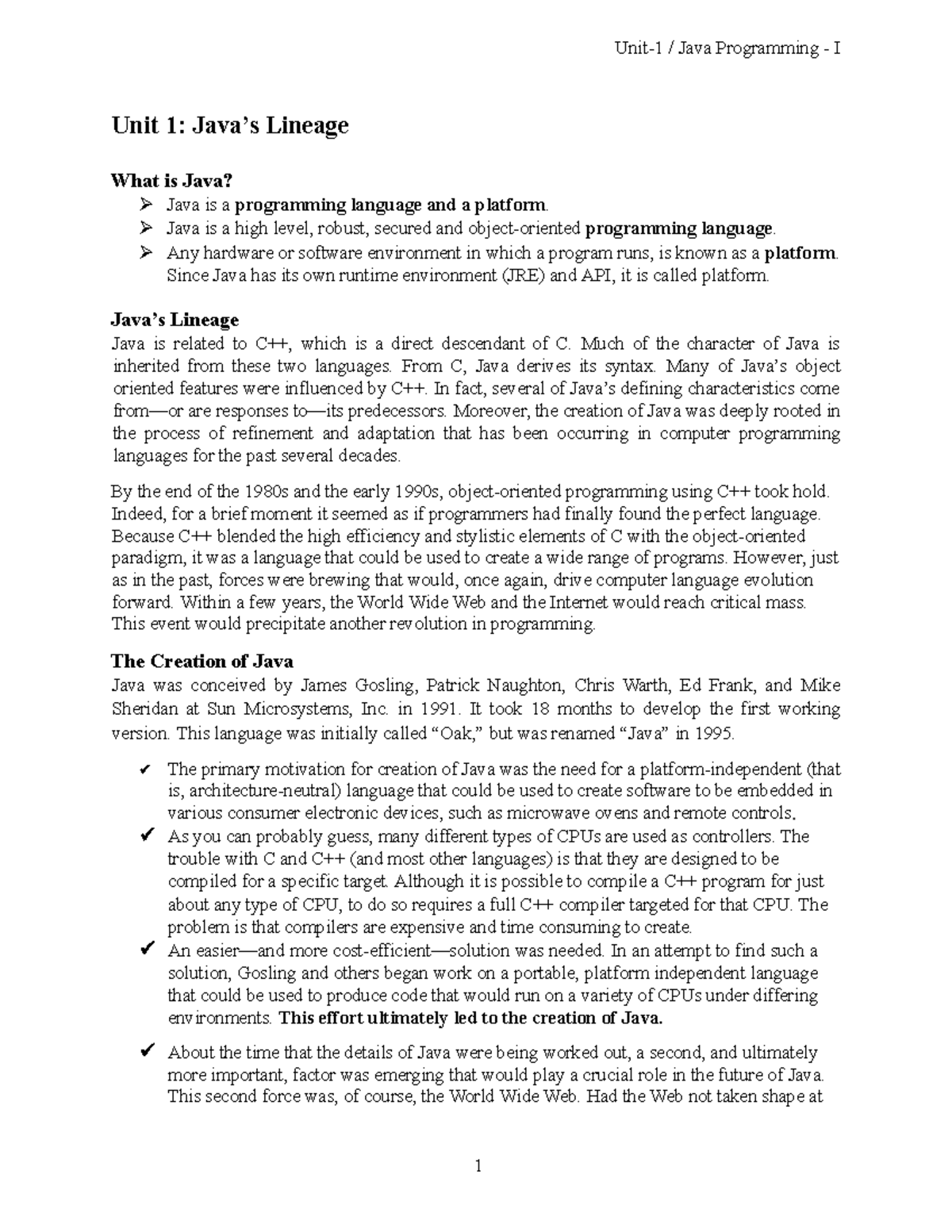 Unit 1 Javas Lineage - Unit-1 / Java Programming - I 1 Unit 1: Java’s ...