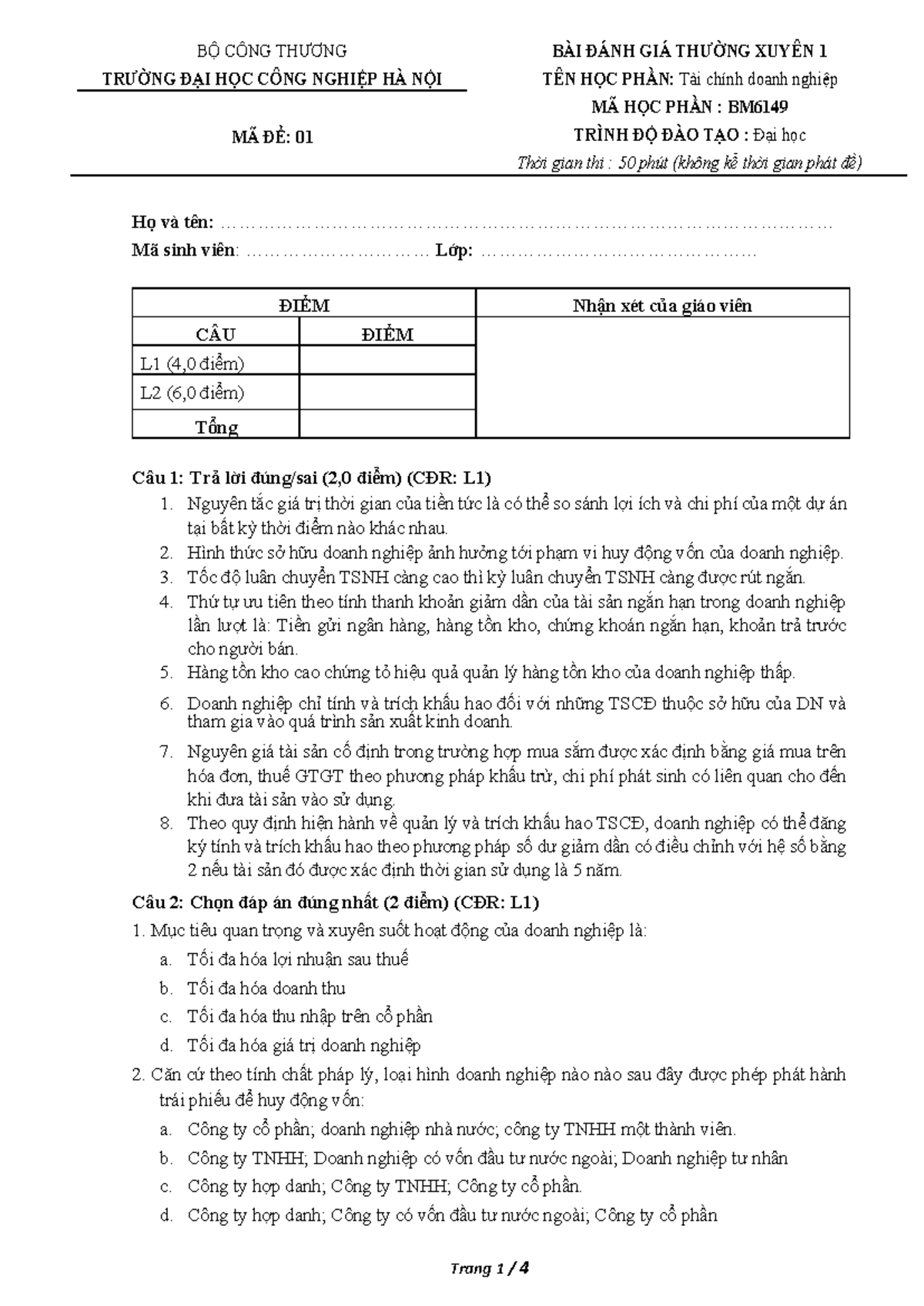 BÀI ĐÁNH GIÁ THƯỜNG XUYÊN 1 - TÀI CHÍNH DOANH NGHIỆP BM6149 - Studocu