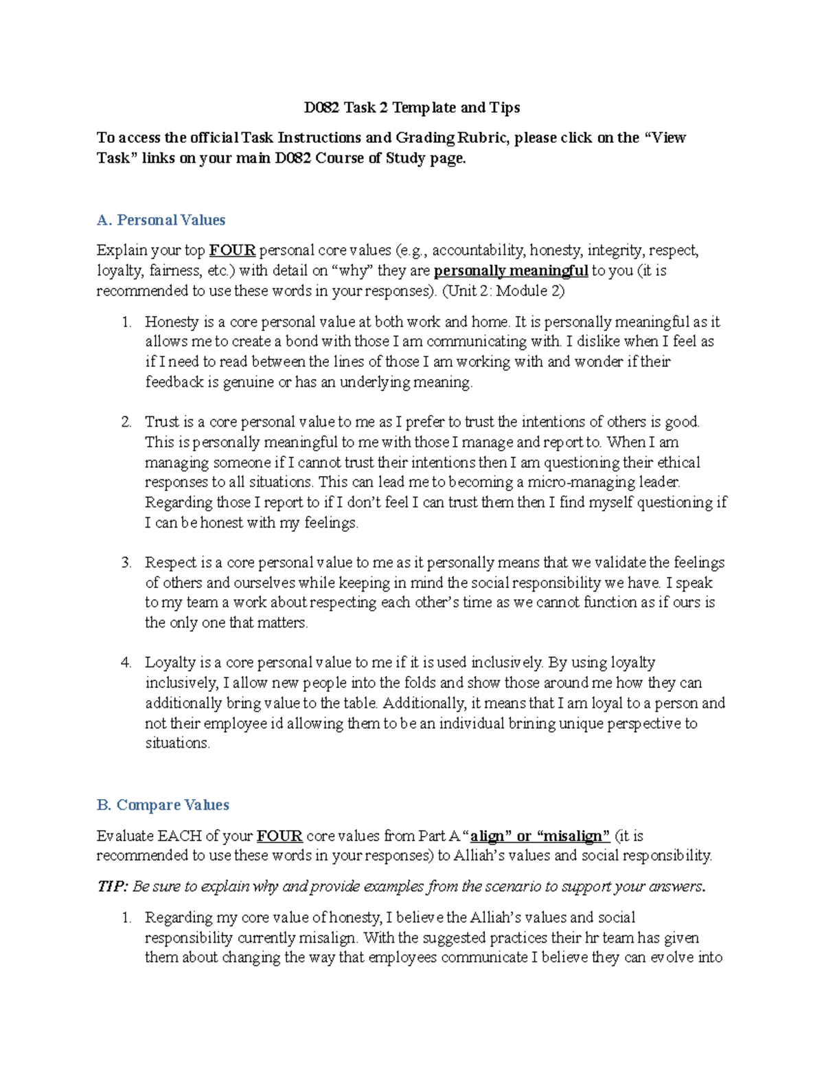 D082 Task 2: Personal Values & Cultural Intelligence Analysis - Studocu