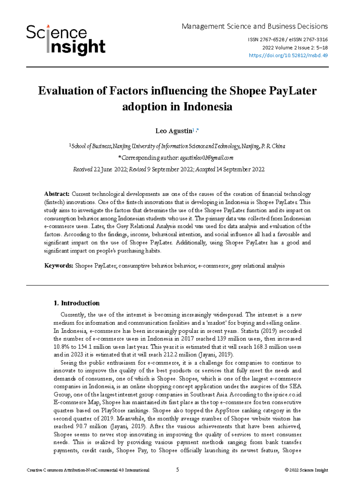 Factors Influencing Shopee PayLater Adoption in Indonesia: A GRA ...