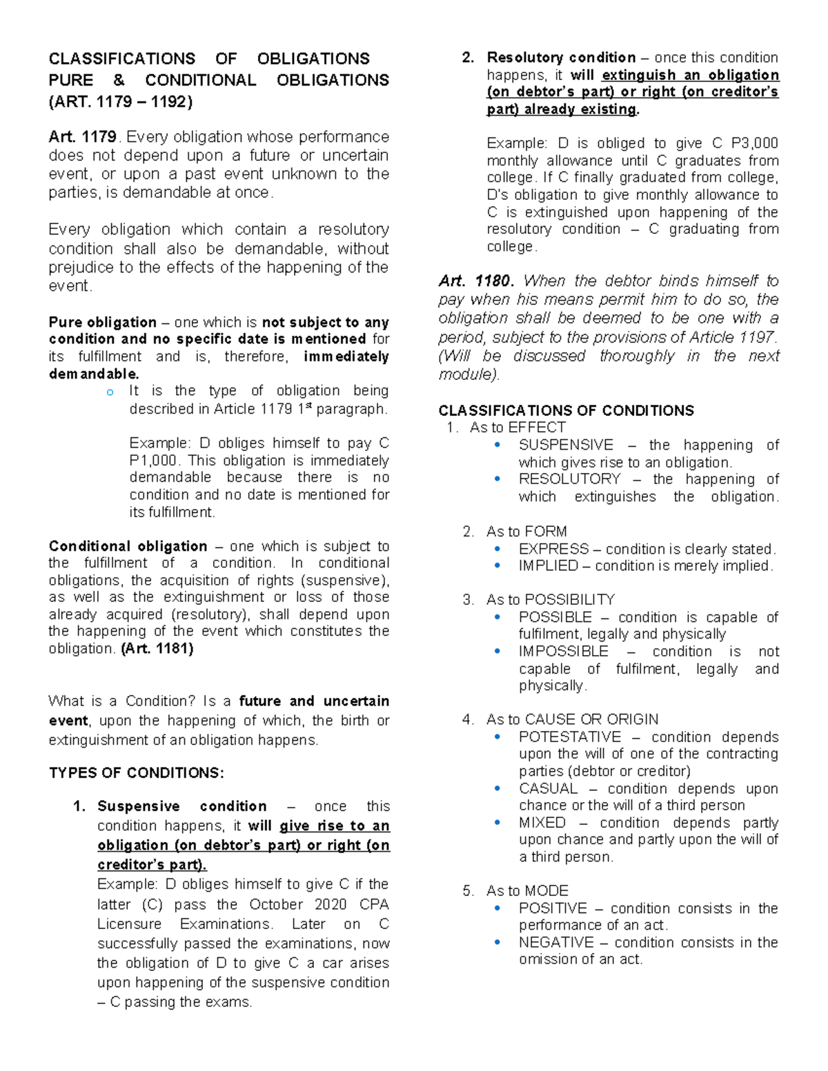 Classifications of Obligations: Pure and Conditional (Art. 1179-1192 ...