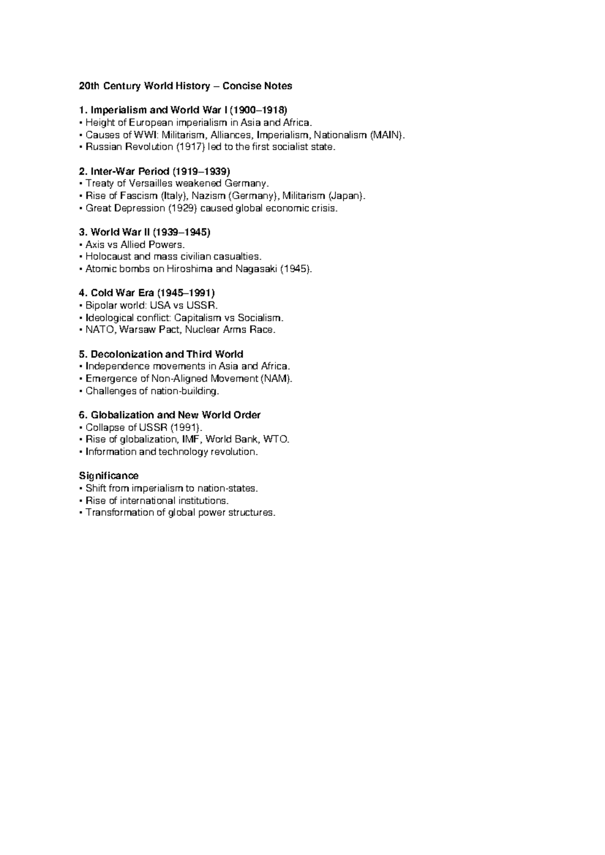 20th Century World History Notes: Imperialism to Globalization - Studocu