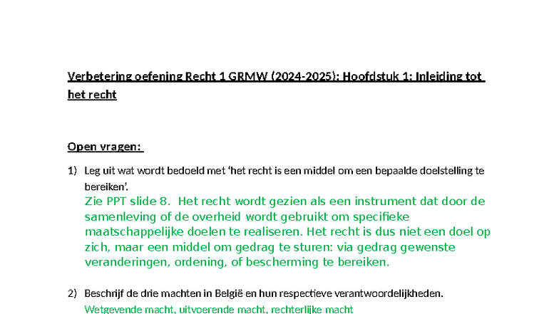 Verbetering Oefening Recht 1 GRMW Hoofdstuk 1: Inleiding tot het Recht ...