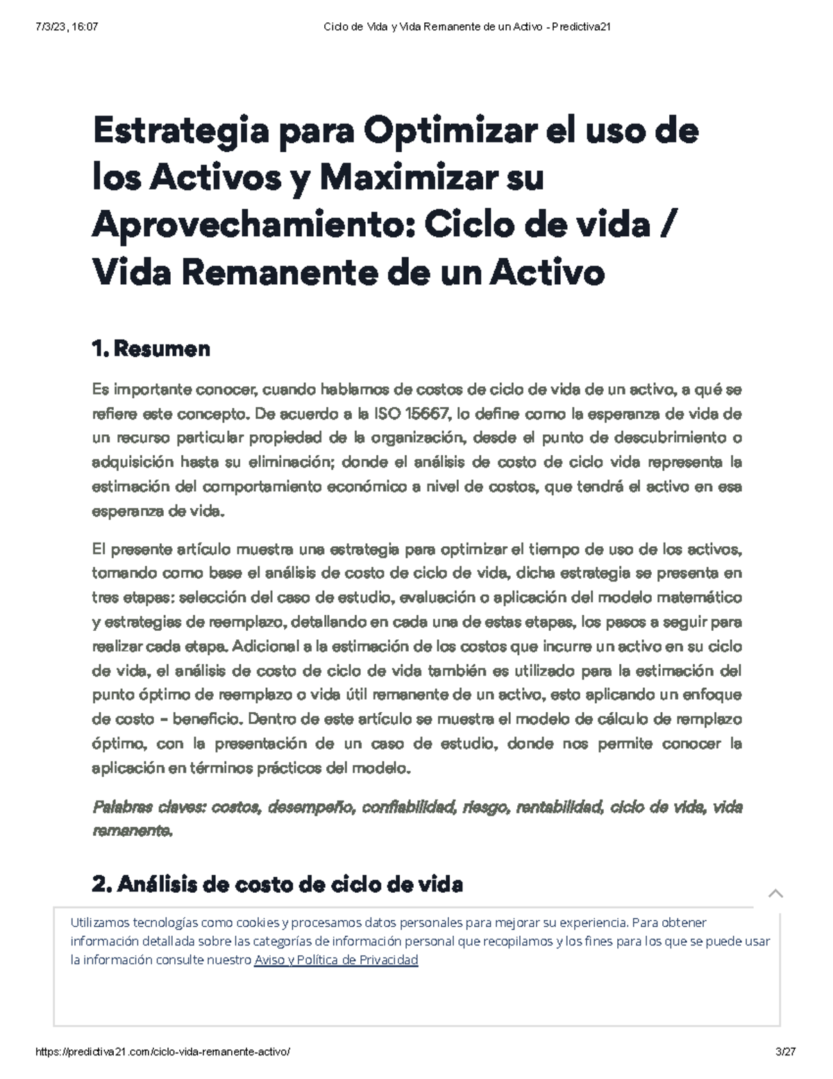 Ciclo de Vida y Vida Remanente de un Activo: Estrategia de Optimización ...