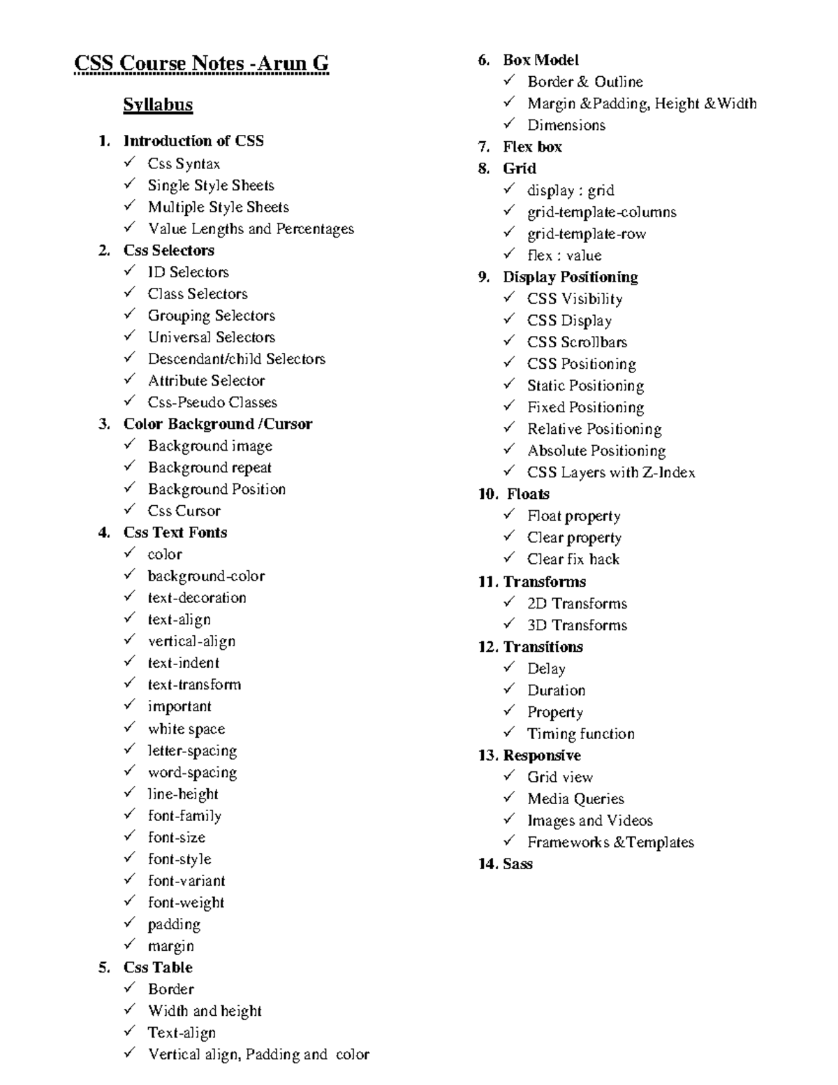 Css Notes - CSS Course Notes - Arun G Syllabus Introduction of CSS Css ...
