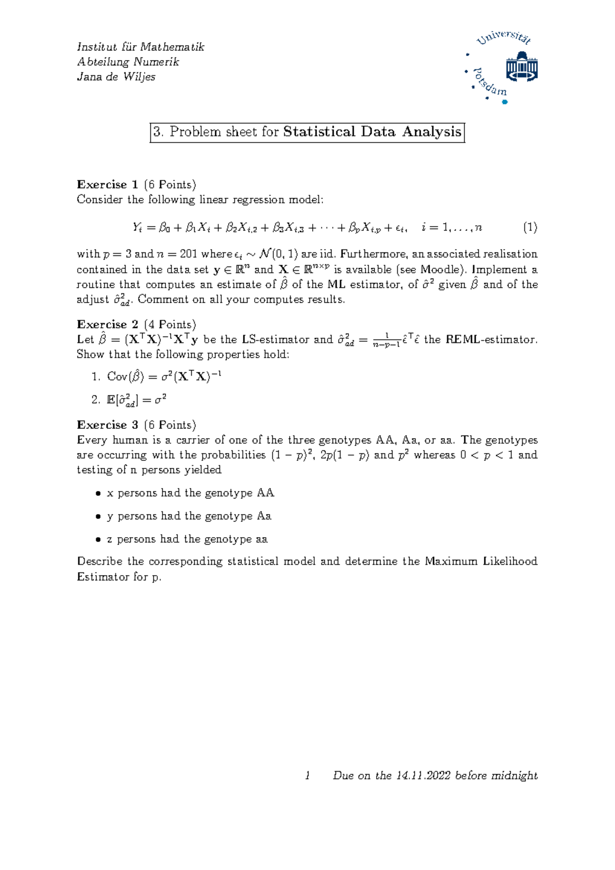 3. Problem sheet for Statistical Data Analysis - Institut für ...