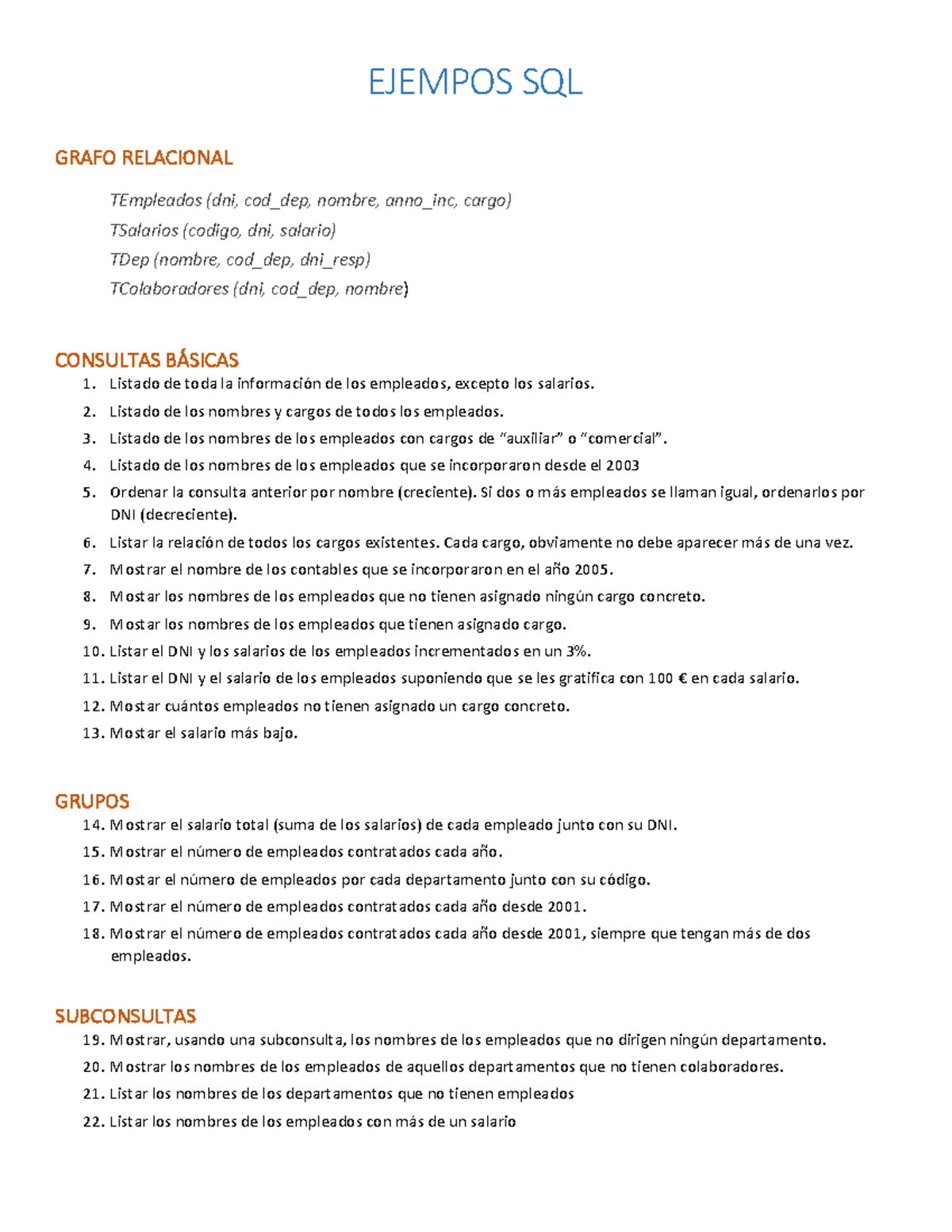 Ejemplos de SQL: Consultas Básicas y Subconsultas sobre Empleados - Studocu