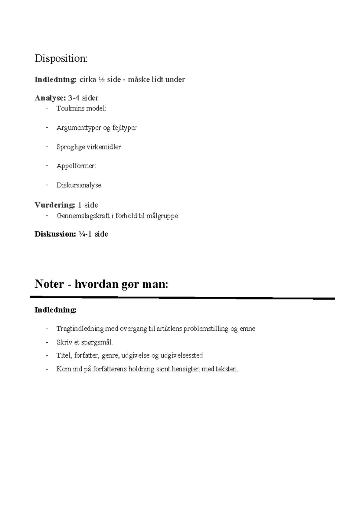 Disposition og Noter til Sproglig Analyse: Toulmins Model og Argumenttyper - Studocu