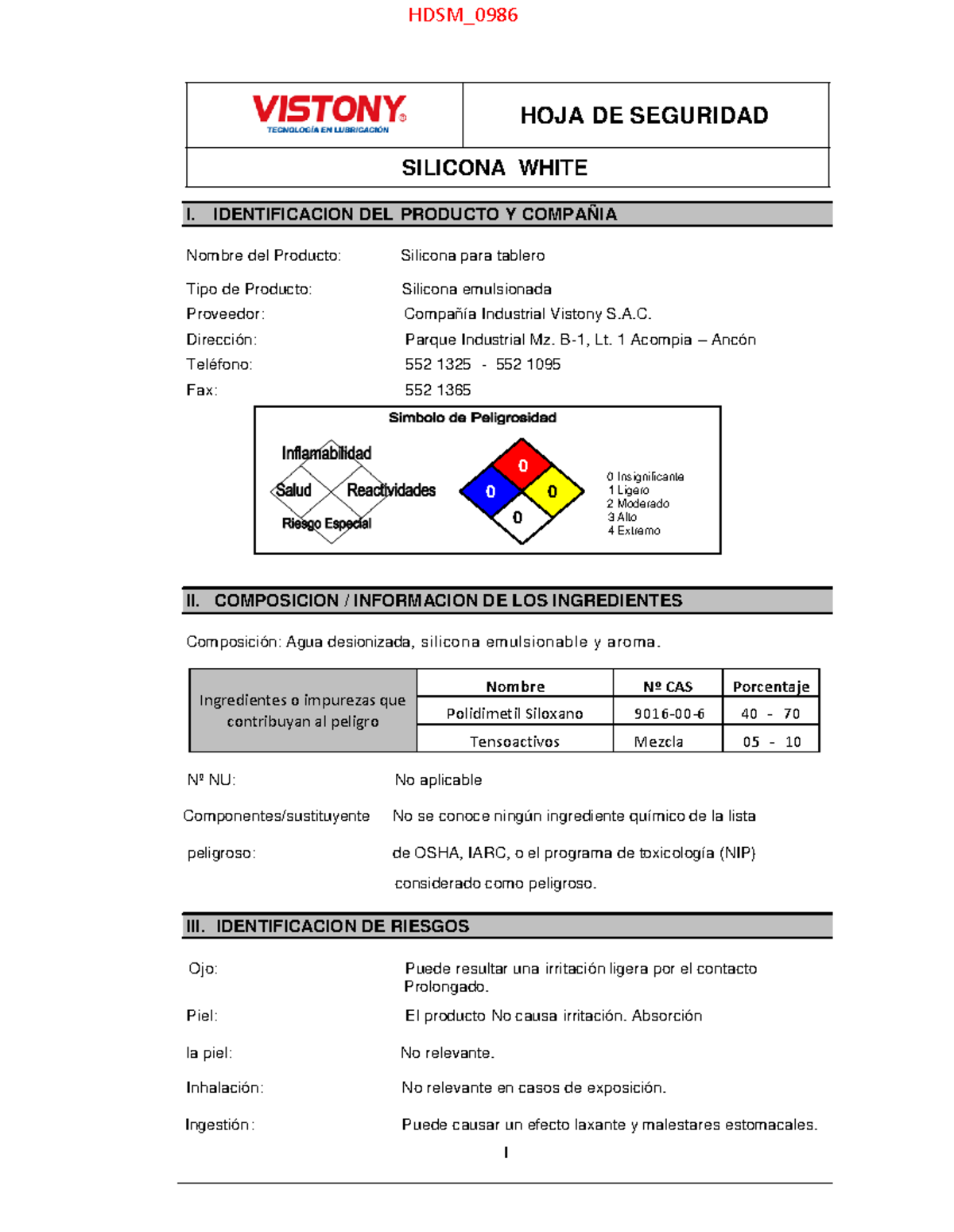 HDSM 0986 Hoja de Seguridad: Silicona para Tablero White - Studocu