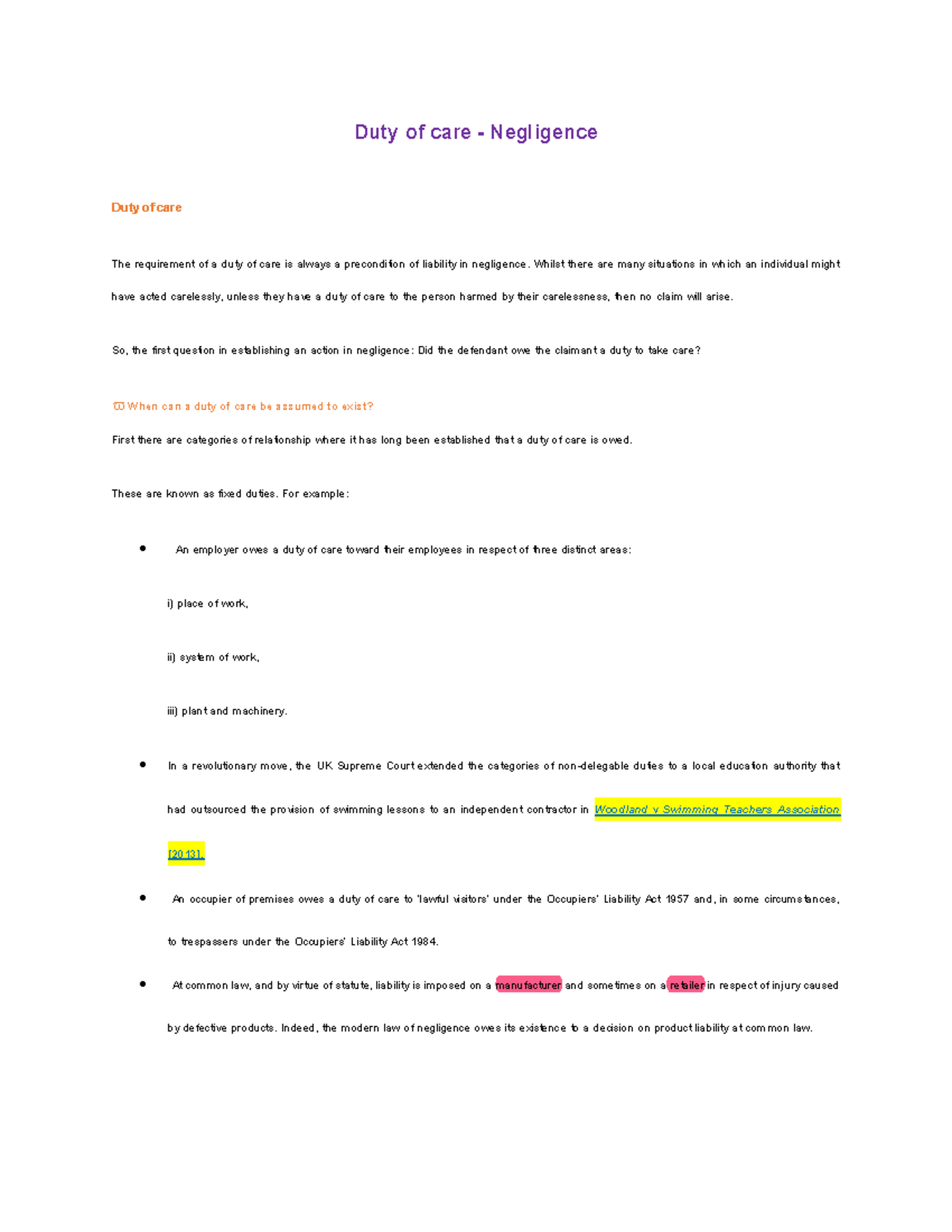 Duty of Care in Negligence: Key Principles & the Caparo Test - Studocu