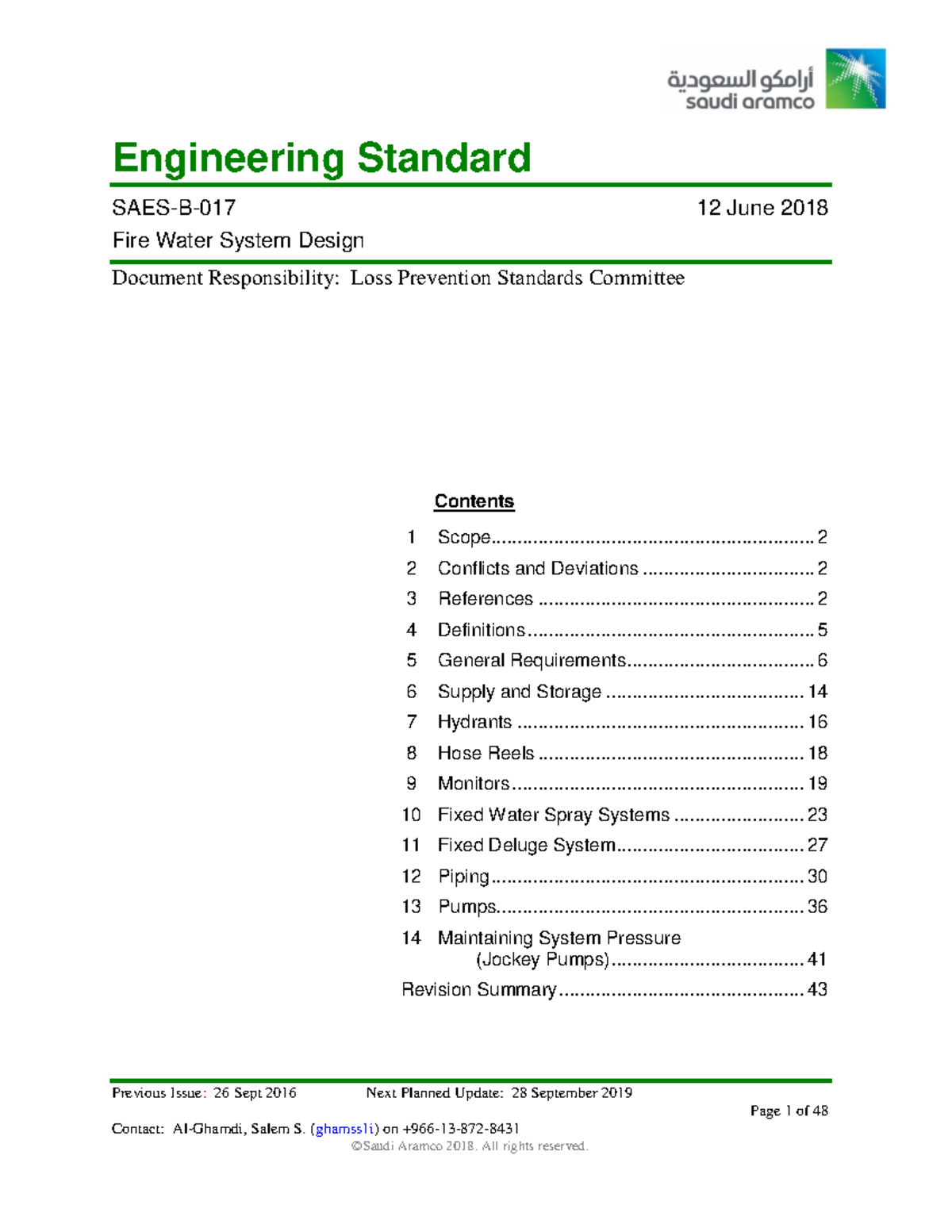 SAES-B-017: Engineering Standards for Fire Water System Design - Studocu