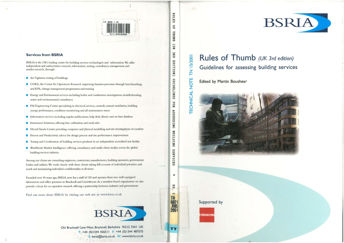BSRIA Rules of Thumb (UK 3rd Ed.) for Building Services Design - Studocu