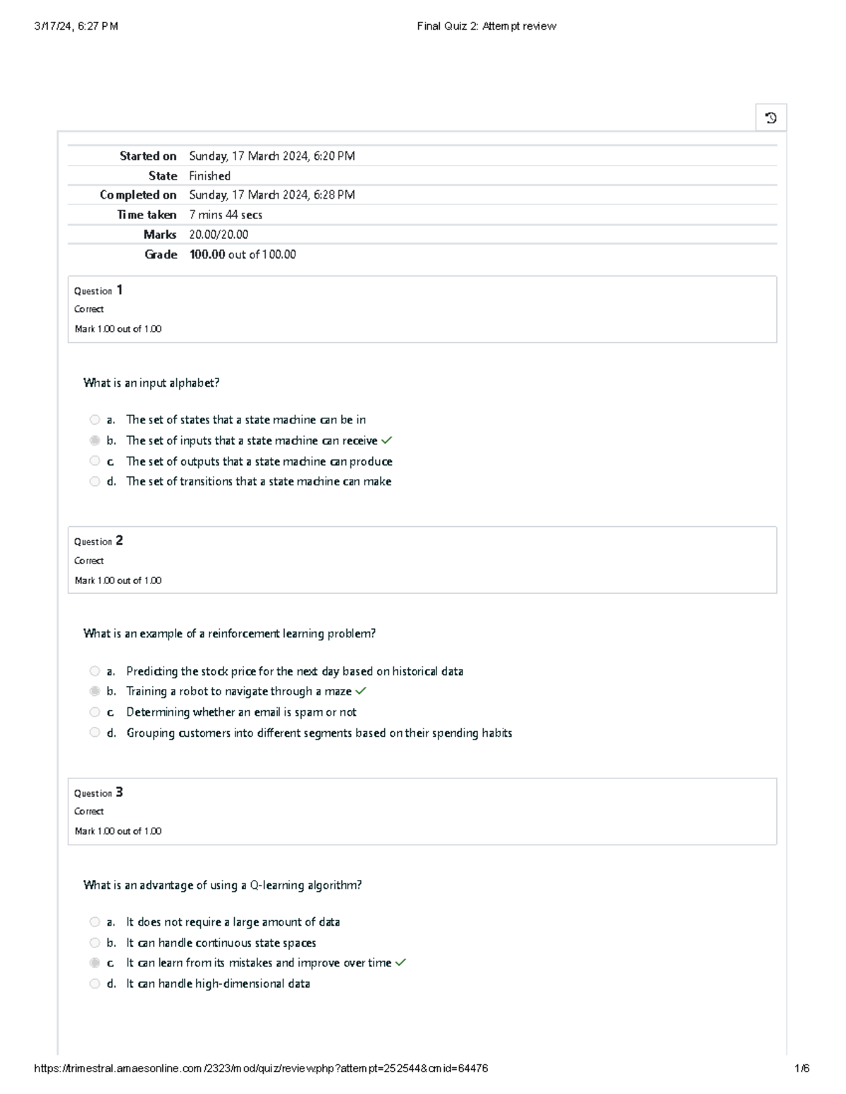 Final Quiz 2 - Fundamentals of Reinforcement Learning and Search Algorithms - Studocu
