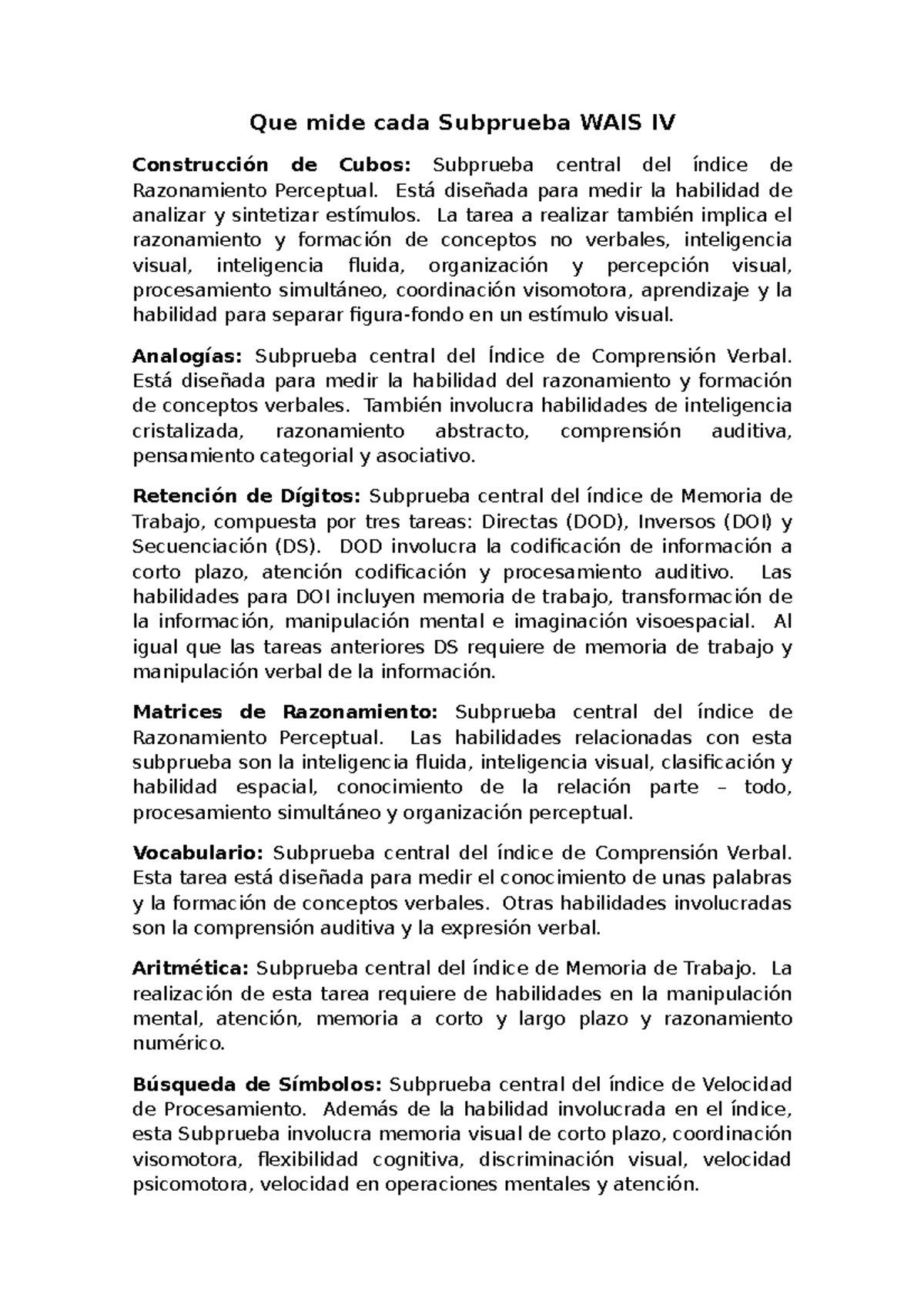 Subtests of WAIS IV: Measurement Insights and Interpretations - Studocu