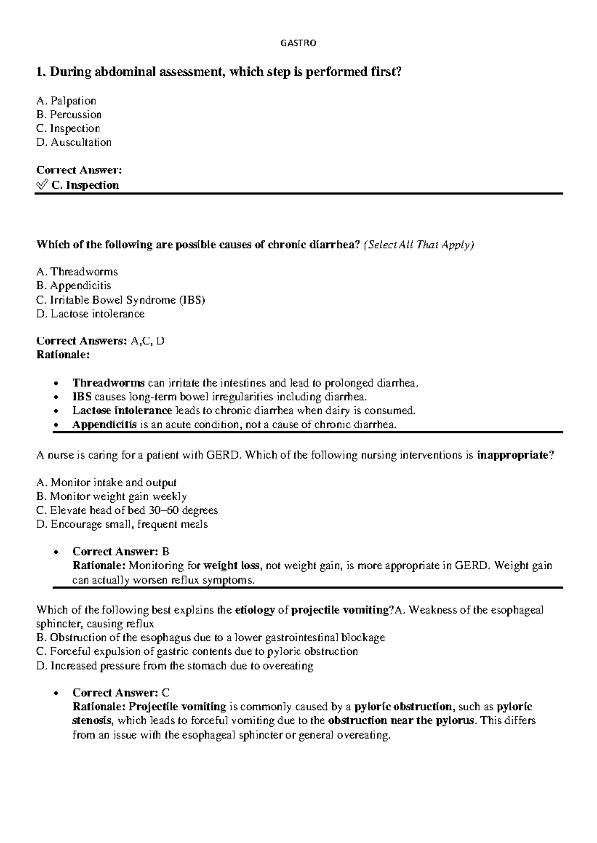 GASTRO 1: Nursing Practice Questions on Diarrhea, Vomiting, and Pyloric ...