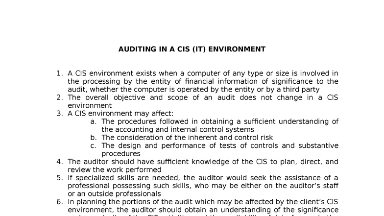 CIS IT Audit Notes: Understanding Auditing in a Computerized ...