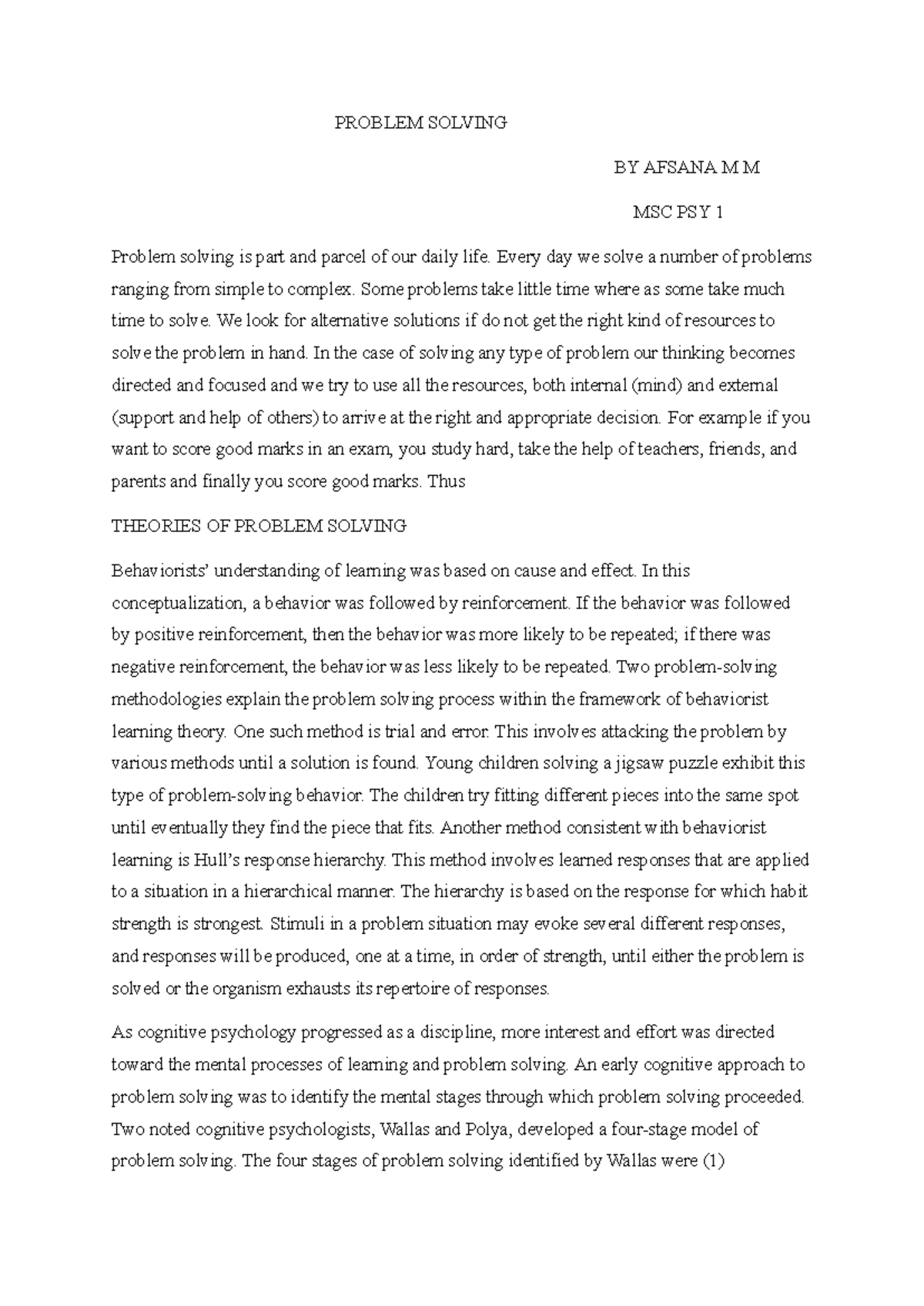 Problem Solving Theories - AFSANA M M MSC PSY 1 - Studocu