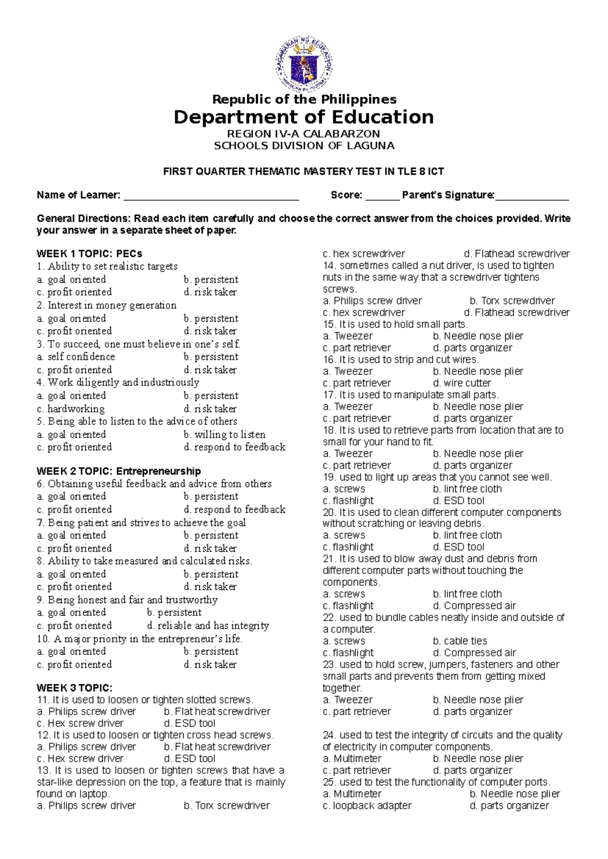 TLE 7 - 1st TMT - Test - Republic of the Philippines Department of ...
