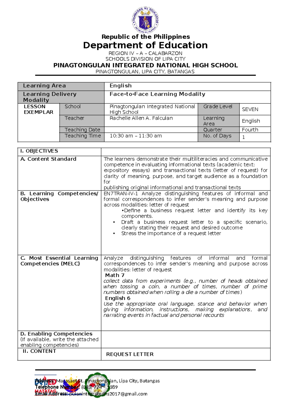 DLP Cot Grade 7: Lesson Exemplar on Writing Request Letters - Studocu