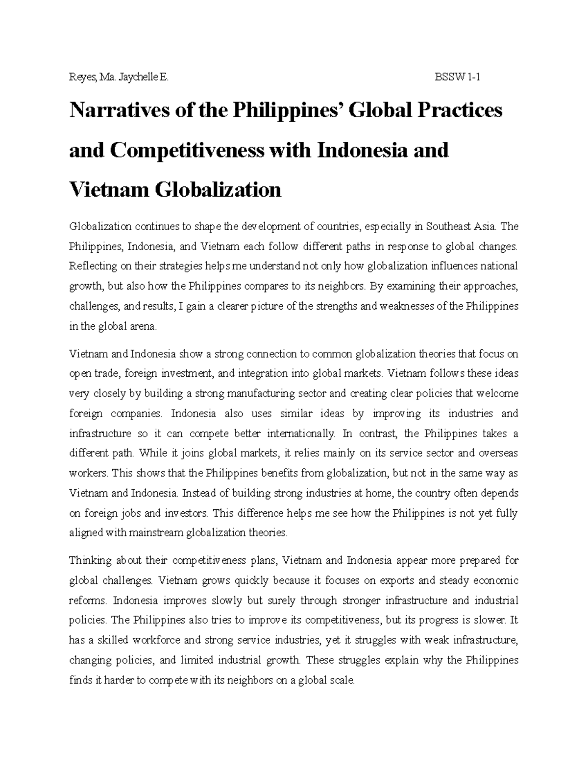 BSSW Final Exam: Globalization Narratives of the Philippines, Indonesia ...