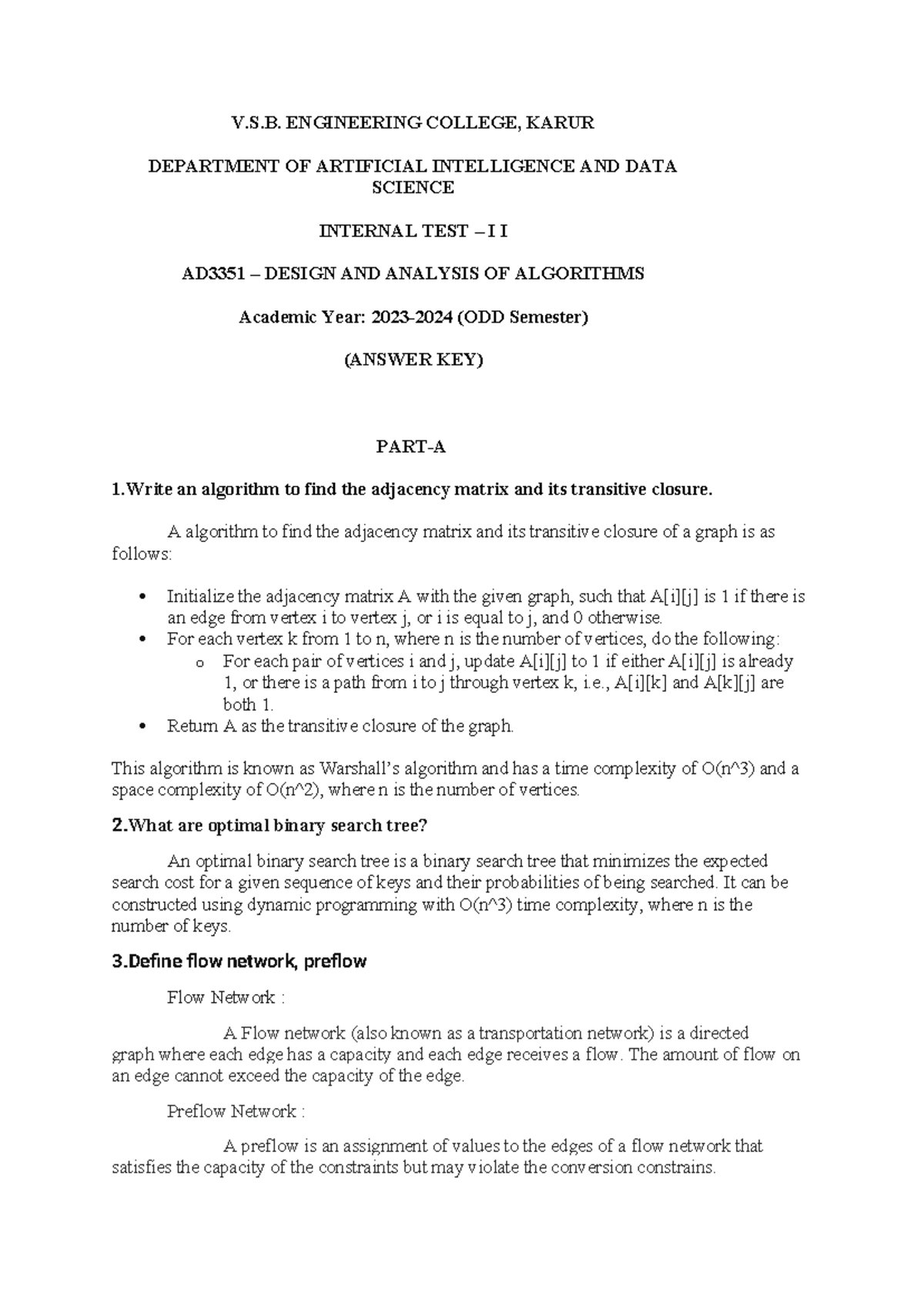 AD3351 - Internal Test I Answer Key: Design & Analysis of Algorithms ...