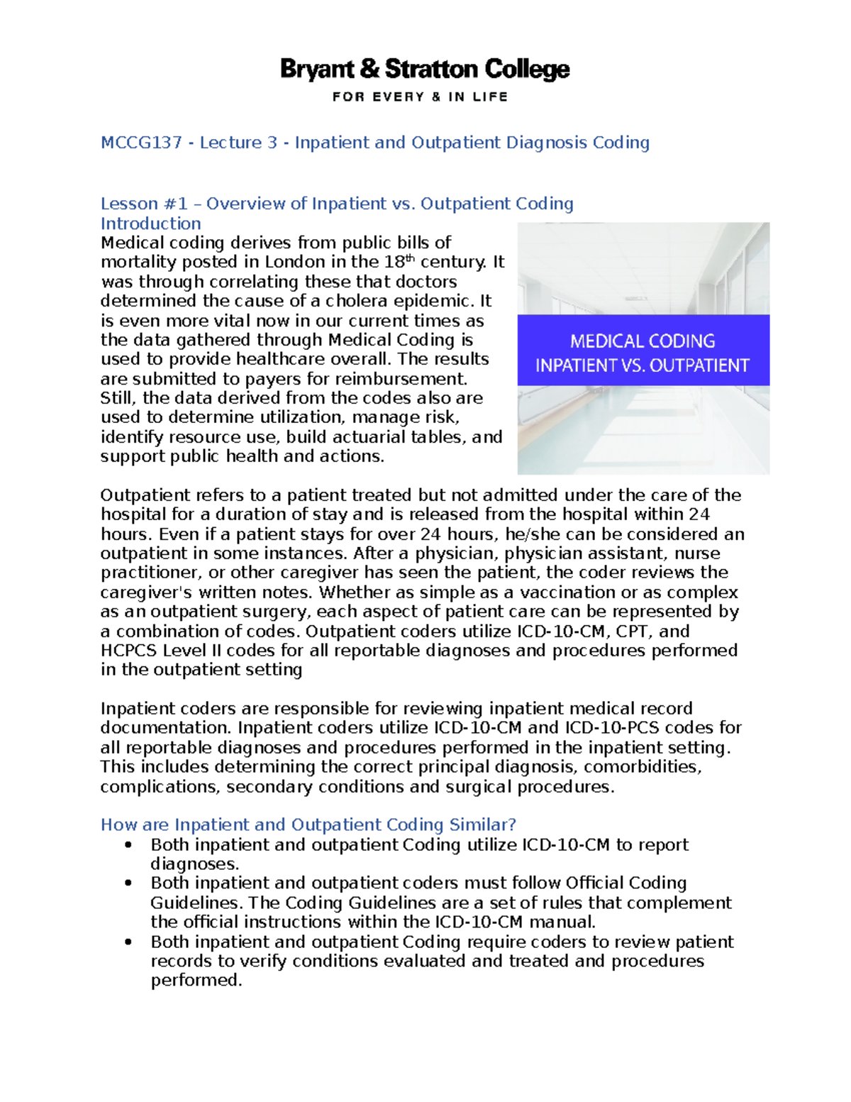 MCCG137 - Lecture 3: Inpatient vs. Outpatient Diagnosis Coding Overview ...