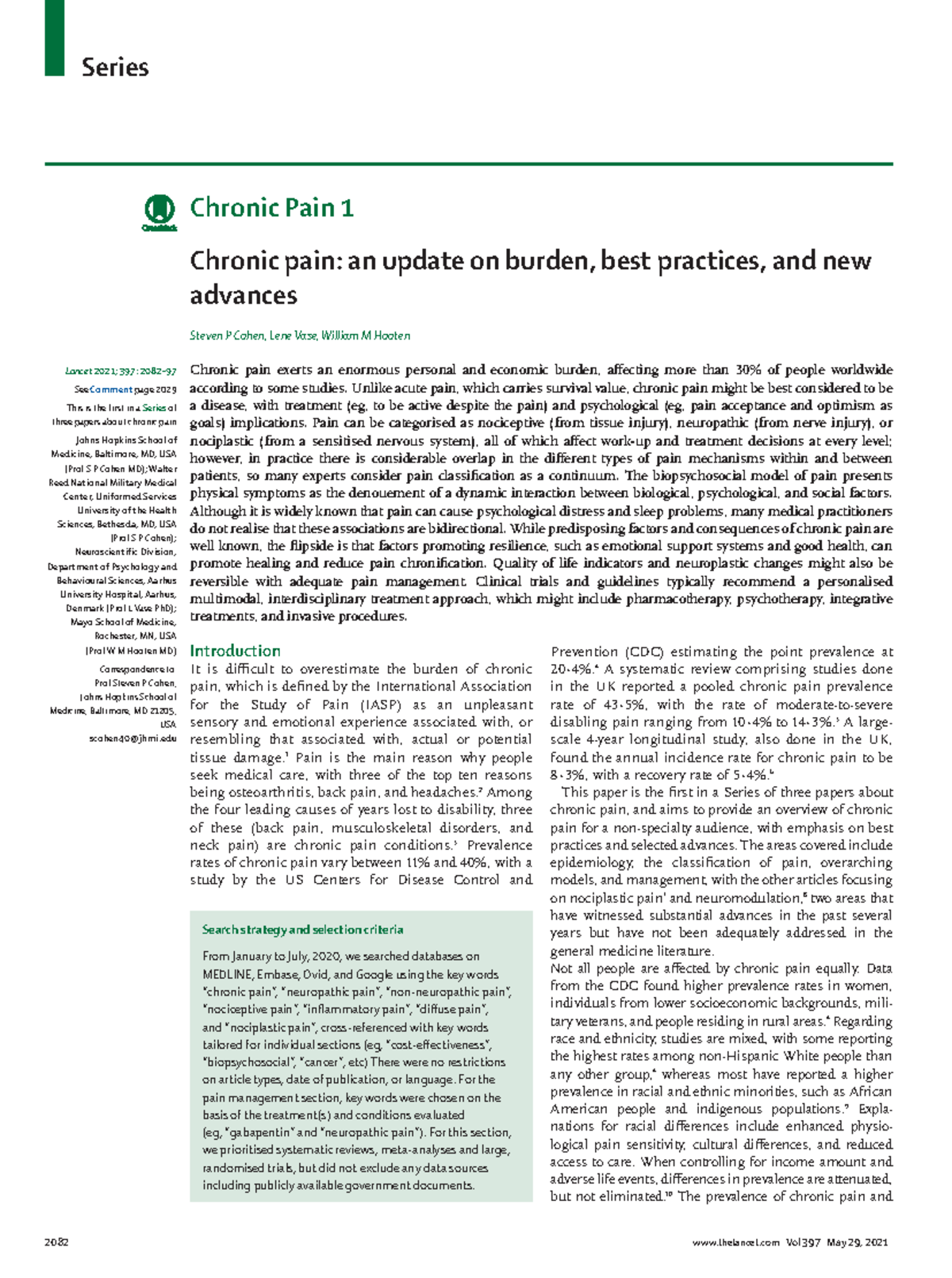 4. Cohen et al., 2021 (Types of pain review) - Chronic Pain 1 Chronic ...