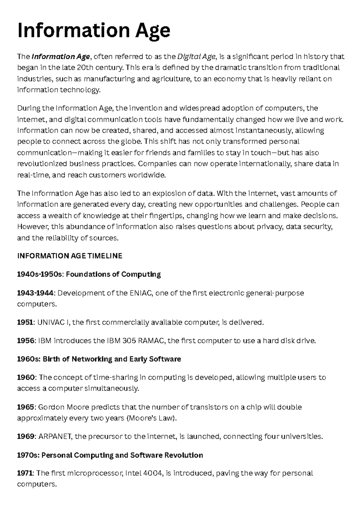 Information Age Overview: Key Developments & Timeline - Studocu