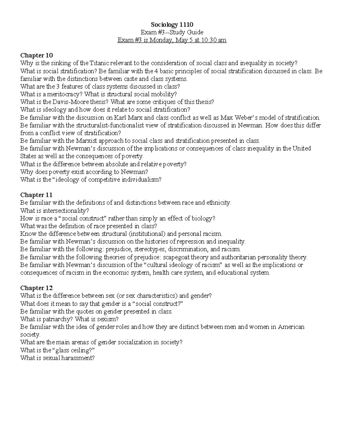 Sociology 1110 Exam #3 Study Guide: Social Class, Race & Gender ...
