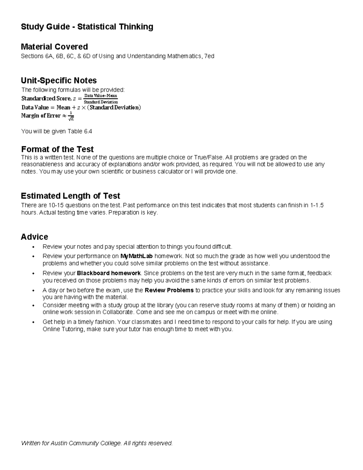 Study Guide - Statistical Thinking for ACC - Studocu
