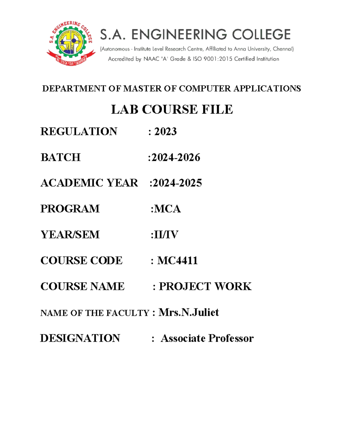 Lab Course File - MCA MC4411 Project Work Lecture Notes - Studocu