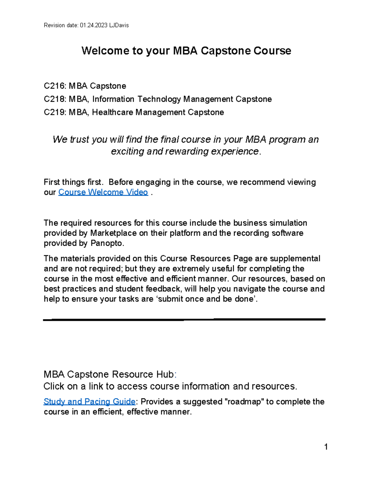 MBA C216 Capstone Course Resources & Supplemental Guides - Studocu