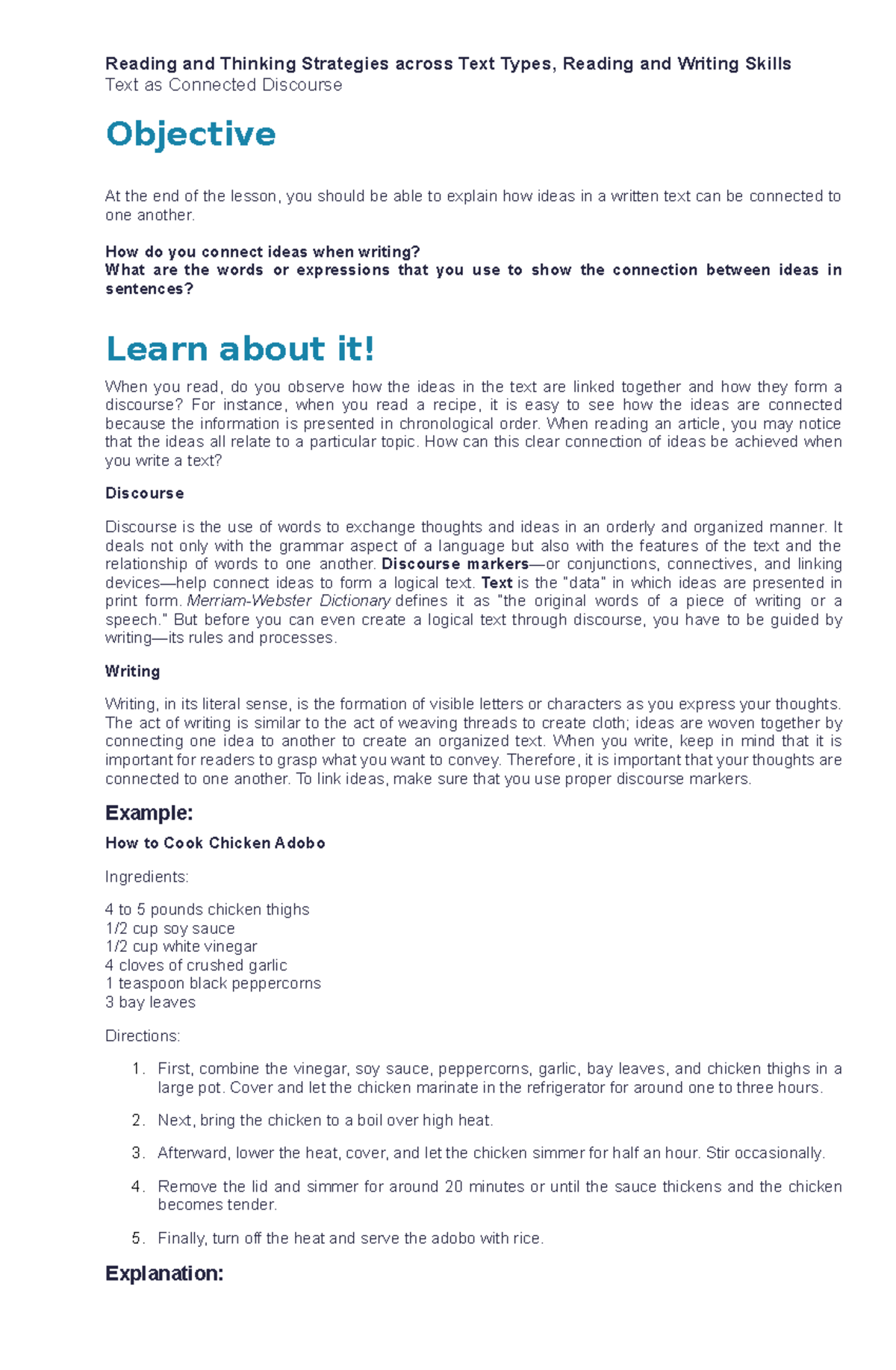 1.1 Text as Connected Discourse - Reading and Thinking Strategies across Text Types, Reading and ...