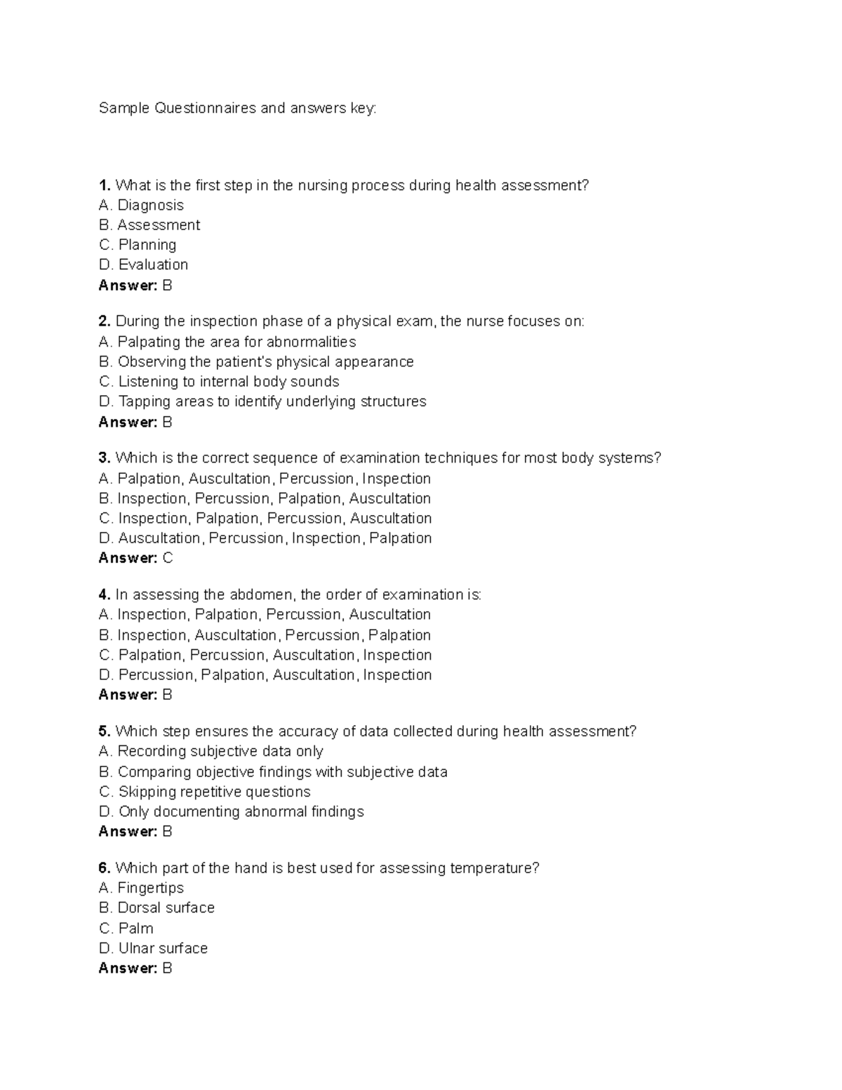 HA Q and A - Sample questionnaires and answers for health assessment ...