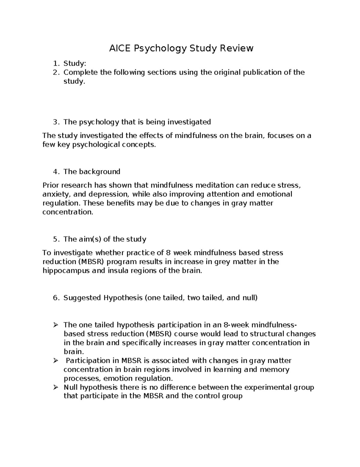 AICE Psychology Study Review: Mindfulness Impact on Gray Matter - Studocu