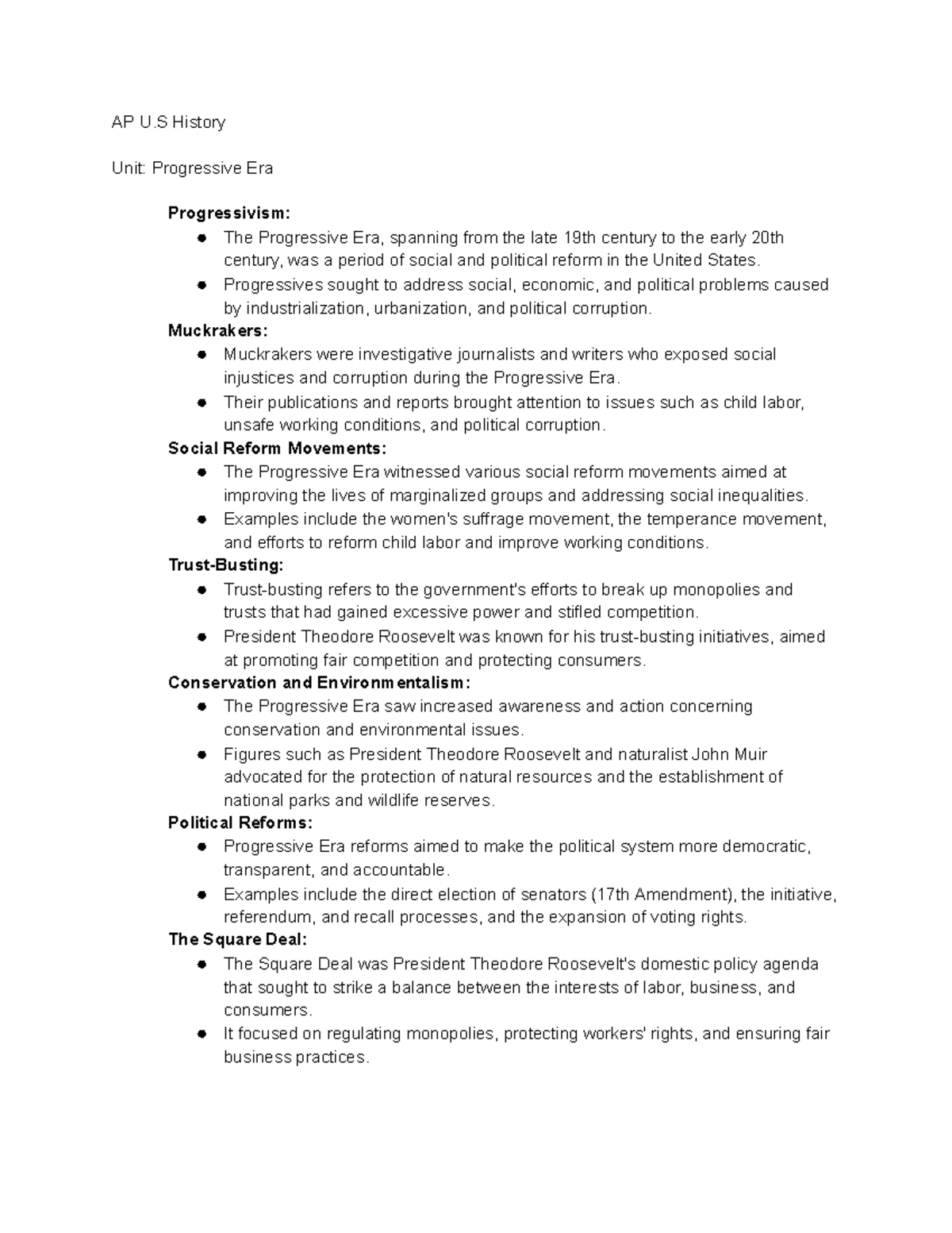AP U.S. History - Comprehensive Overview of the Progressive Era - Studocu