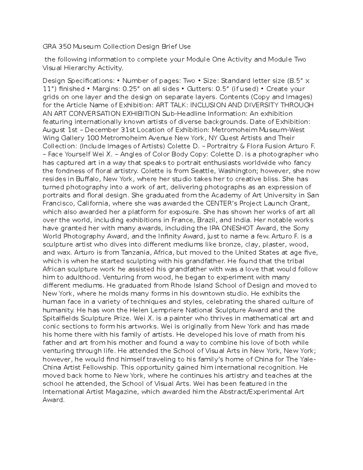 GRA 270 Museum Collection Design Brief Use - GRA 350 Museum Collection ...