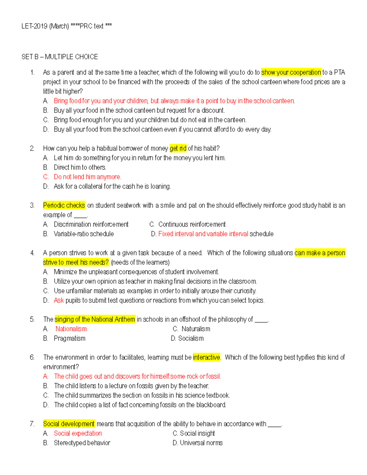 LET Compilation 2018-2019: Multiple Choice Questions and Answers - Studocu