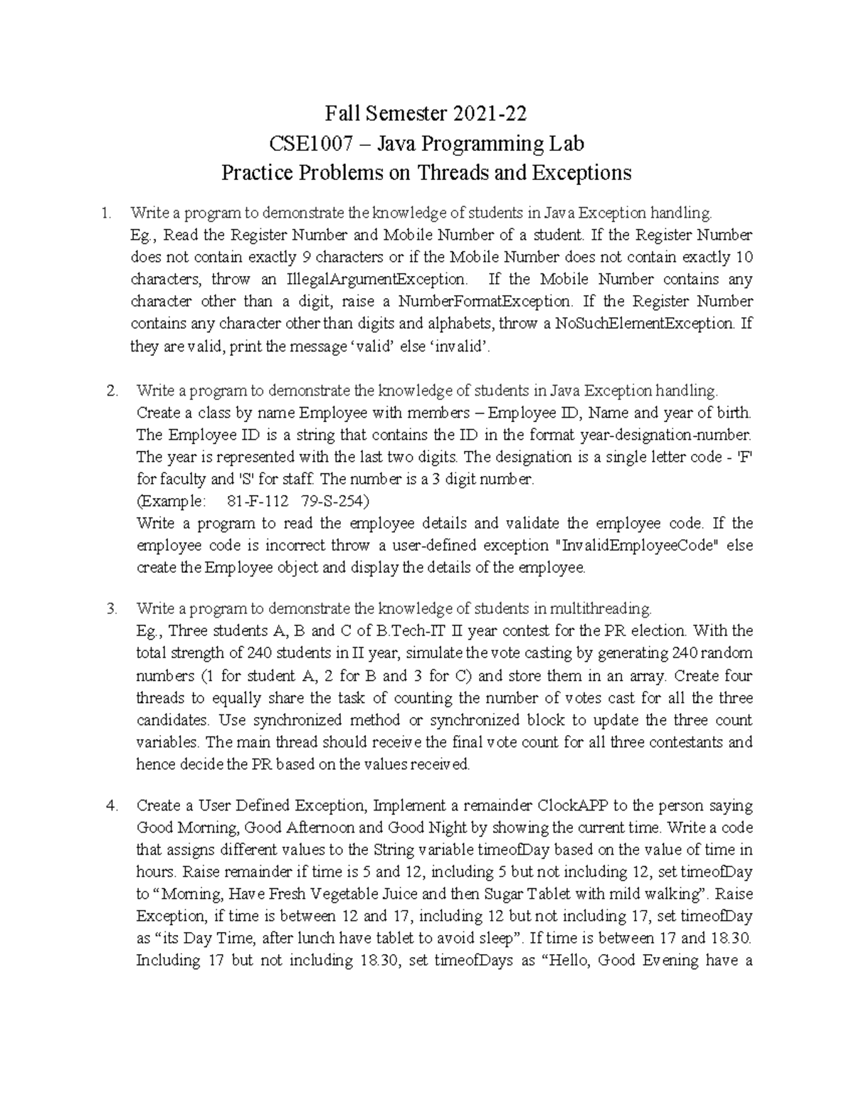 Cse1007 cyclesheet 2 - Practice questions for Java - Fall Semester 2021- CSE1007 – Java ...